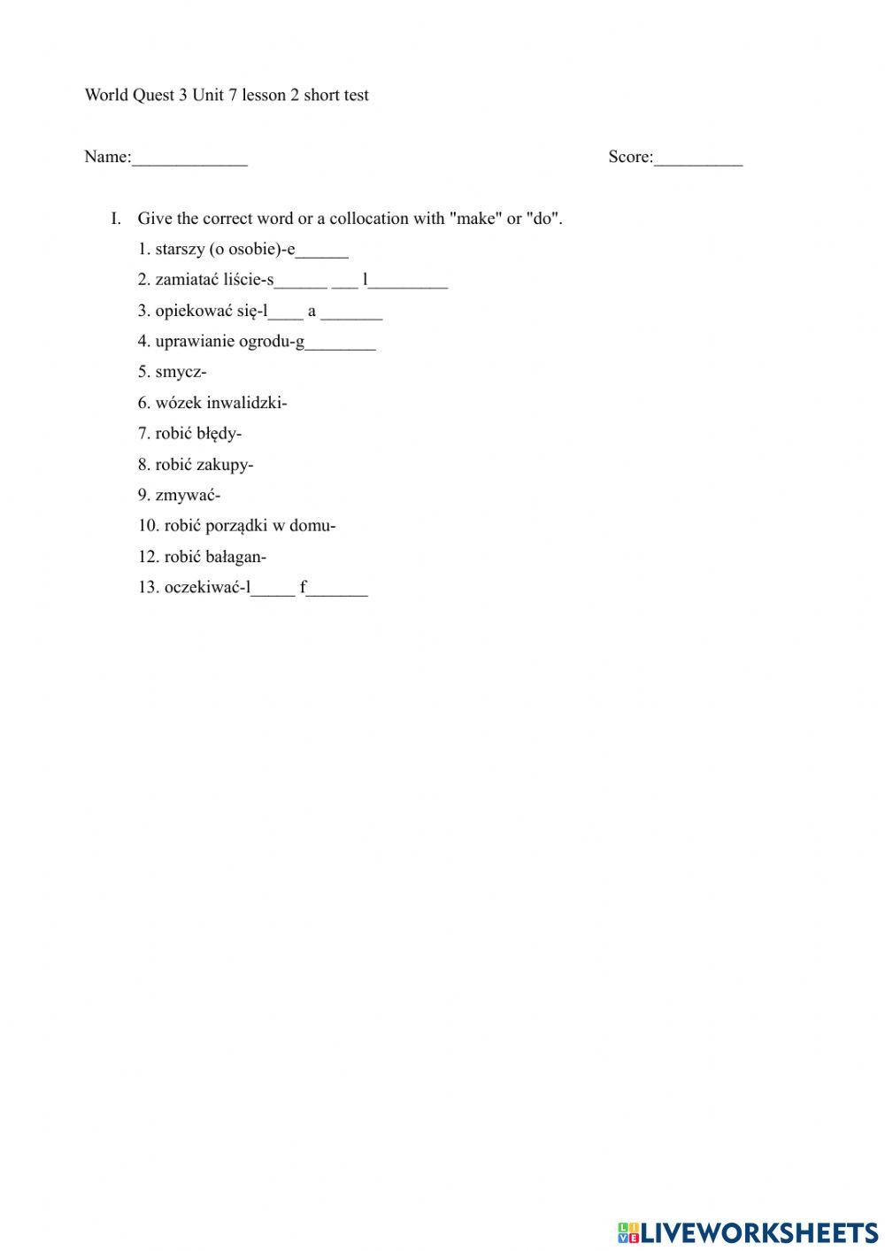 World Quest 3 Unit 7 lesson 2 online exercise for | Live Worksheets