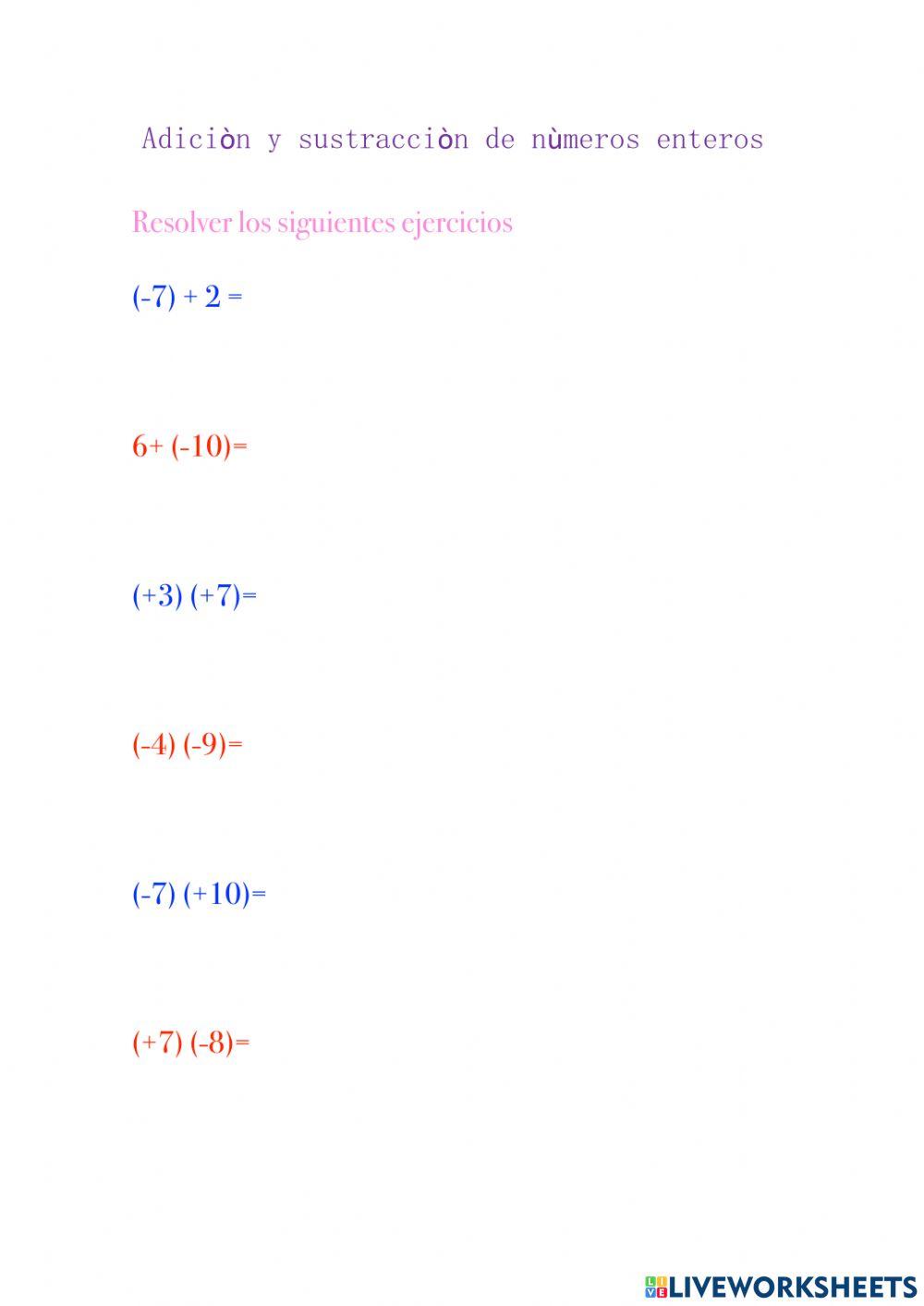 Números enteros online worksheet for 7 A` | Live Worksheets