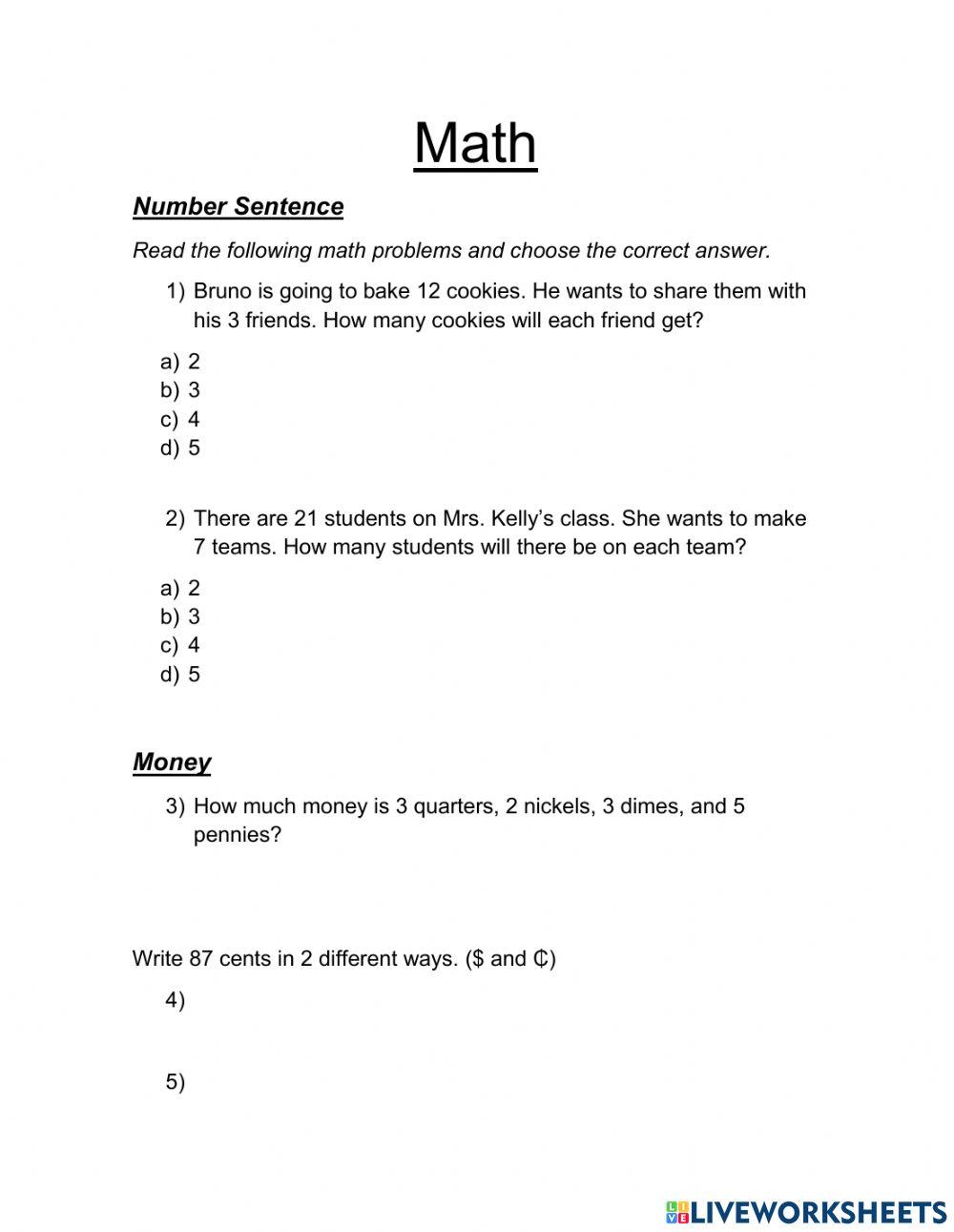 Math Test Online Pdf Worksheet | Live Worksheets
