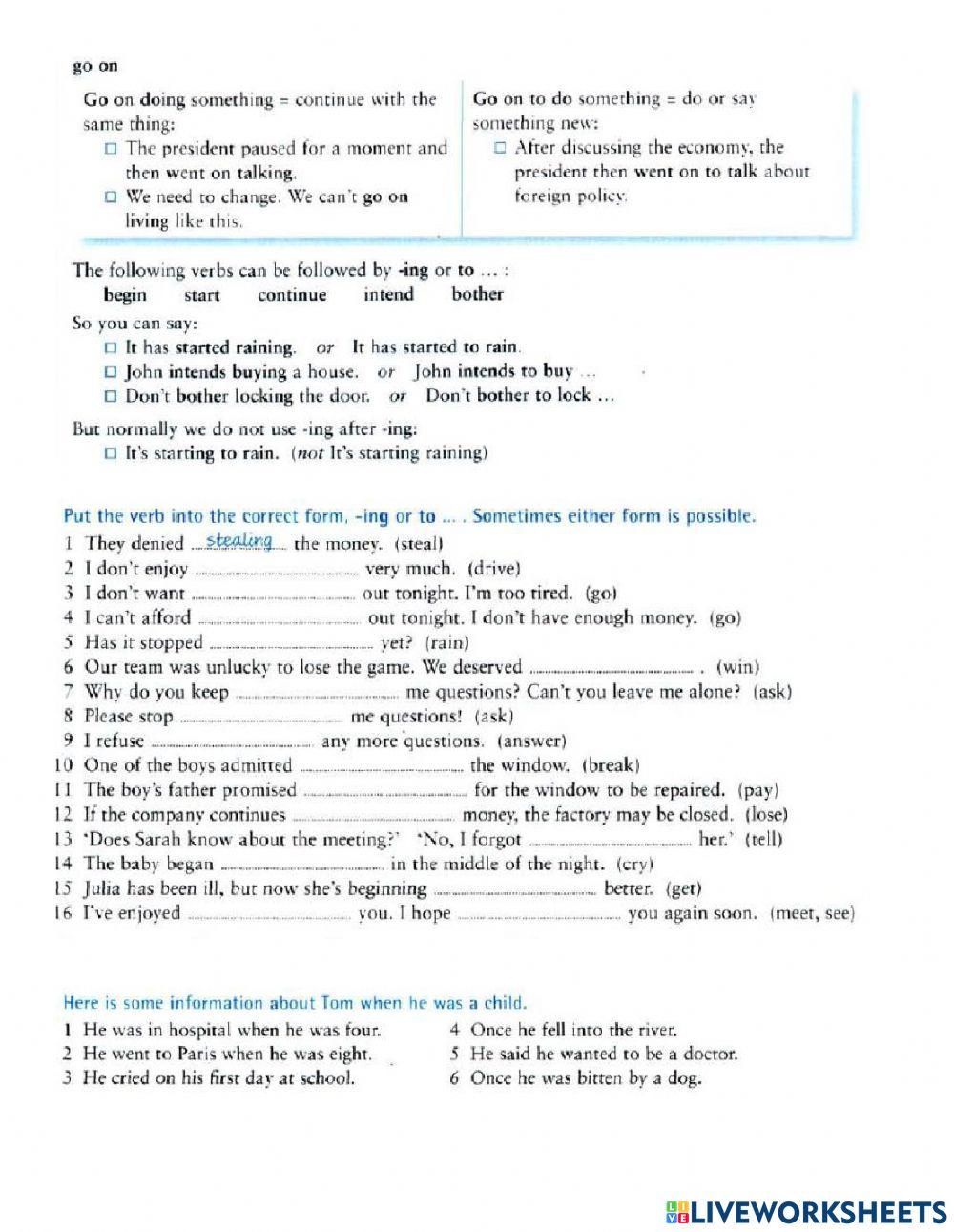 VERB PATTERNS CHANGE MEANING online exercise for | Live Worksheets
