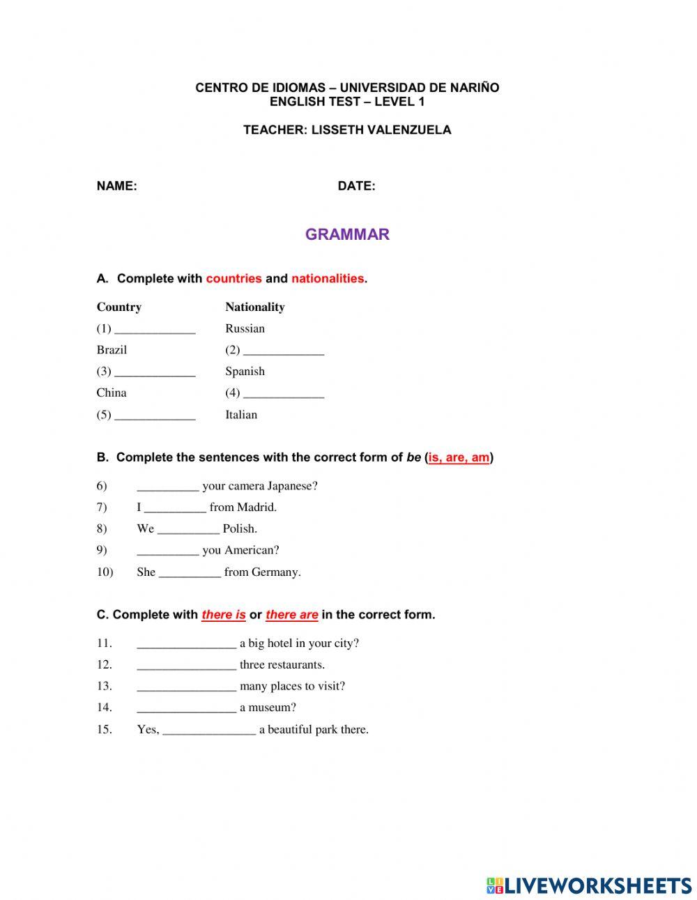 English test basic grammar 772348 | Lisseth Carolina