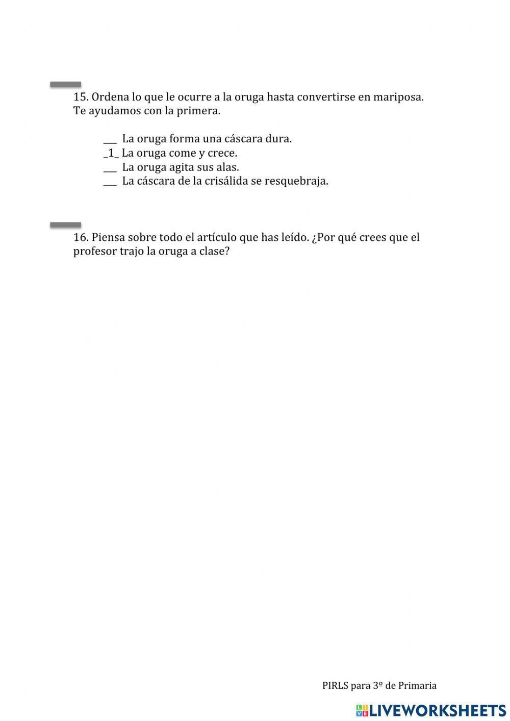 Lectura Pirls: De oruga a mariposa 05 worksheet | Live Worksheets