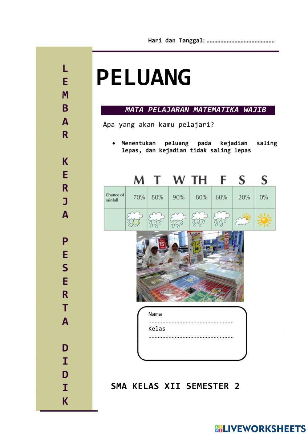 PELUANG worksheet for xii | Live Worksheets