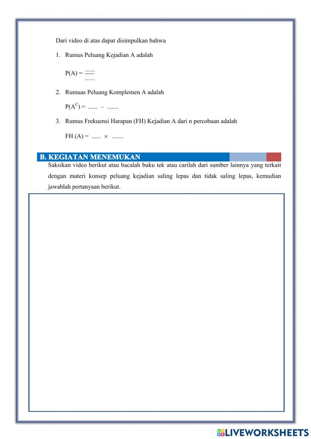 PELUANG worksheet for xii | Live Worksheets