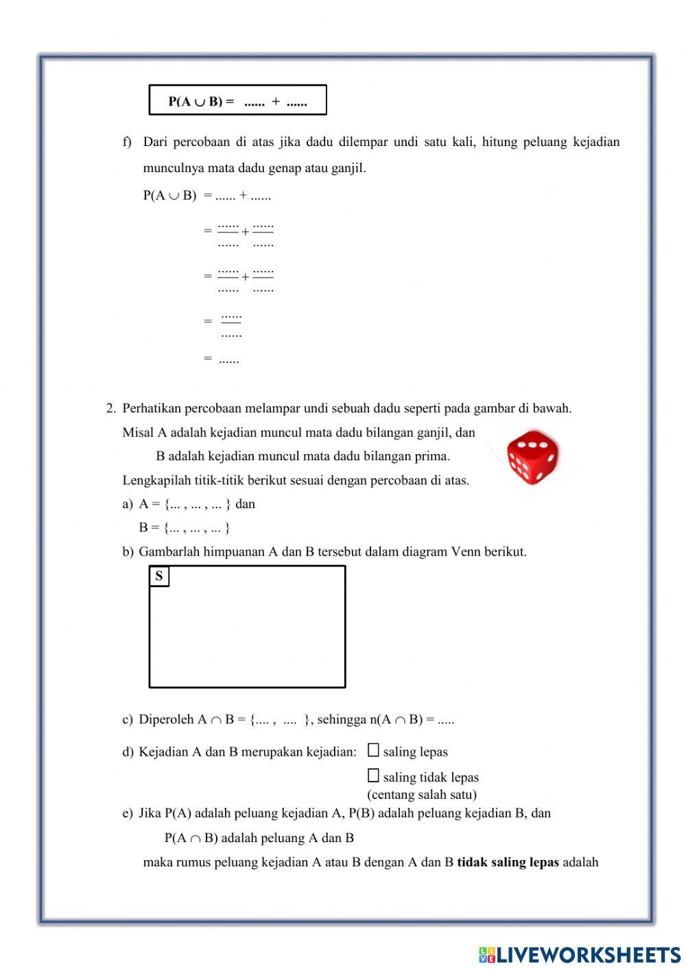 PELUANG worksheet for xii | Live Worksheets