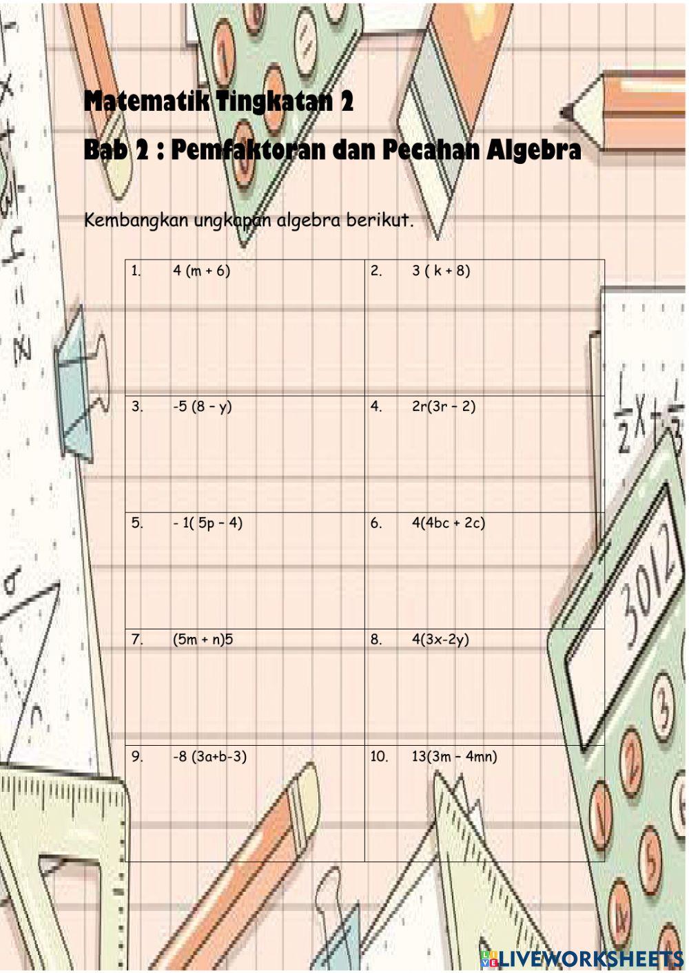 Pemfaktoran dan Pecahan Algebra interactive worksheet | Live Worksheets