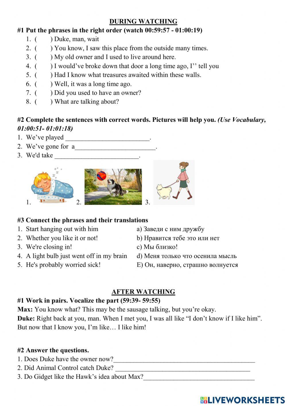 Тайная жизнь домашних питомцев Online Worksheet Live Worksheets