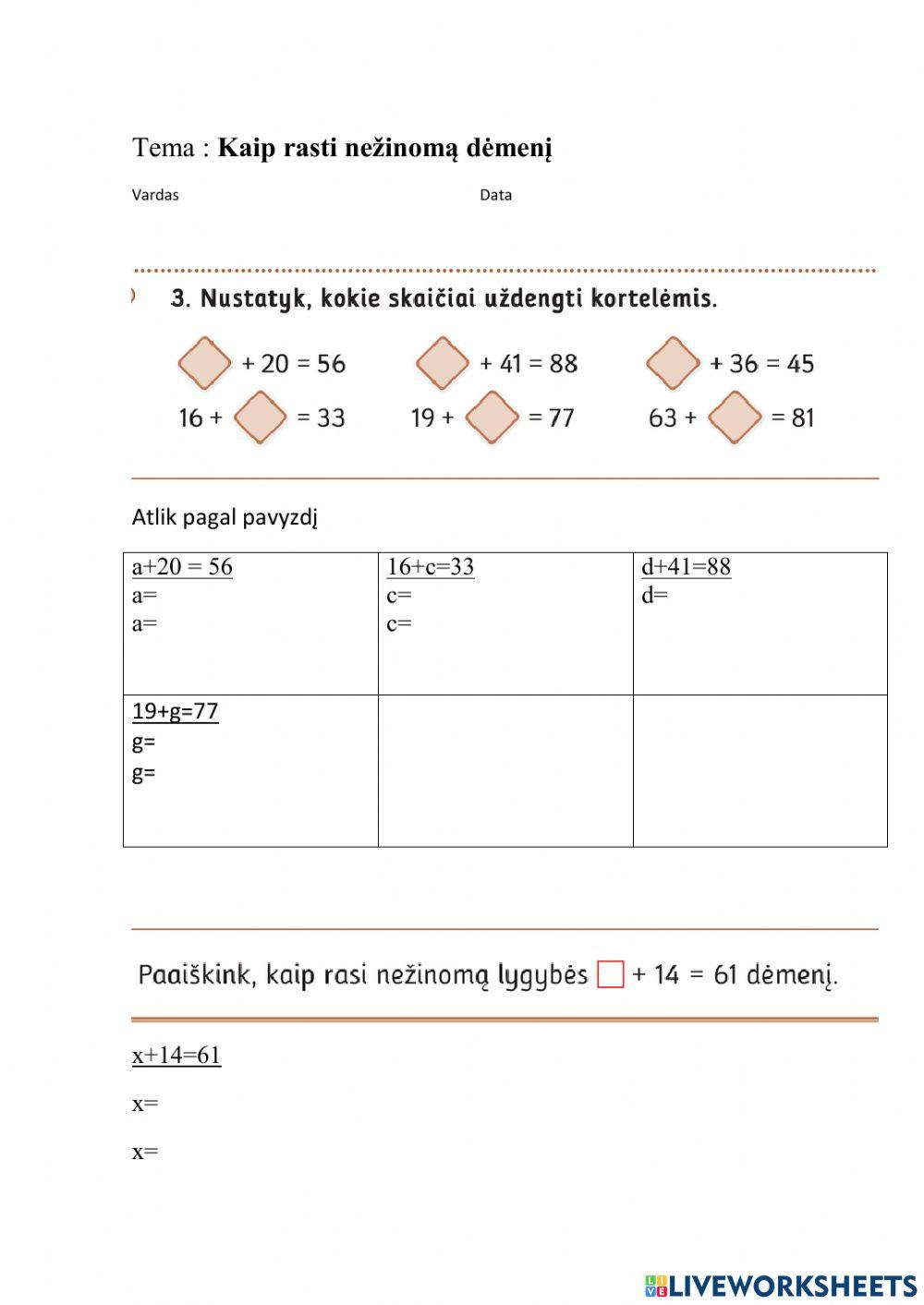 Kaip rasti nežnomą dėmenį worksheet | Live Worksheets