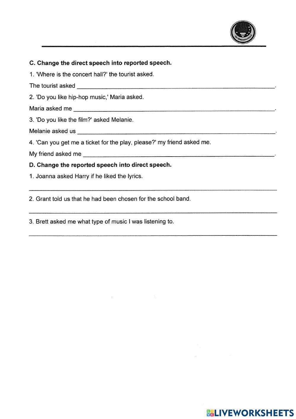 Reported Speech online exercise for Grade 8 | Live Worksheets