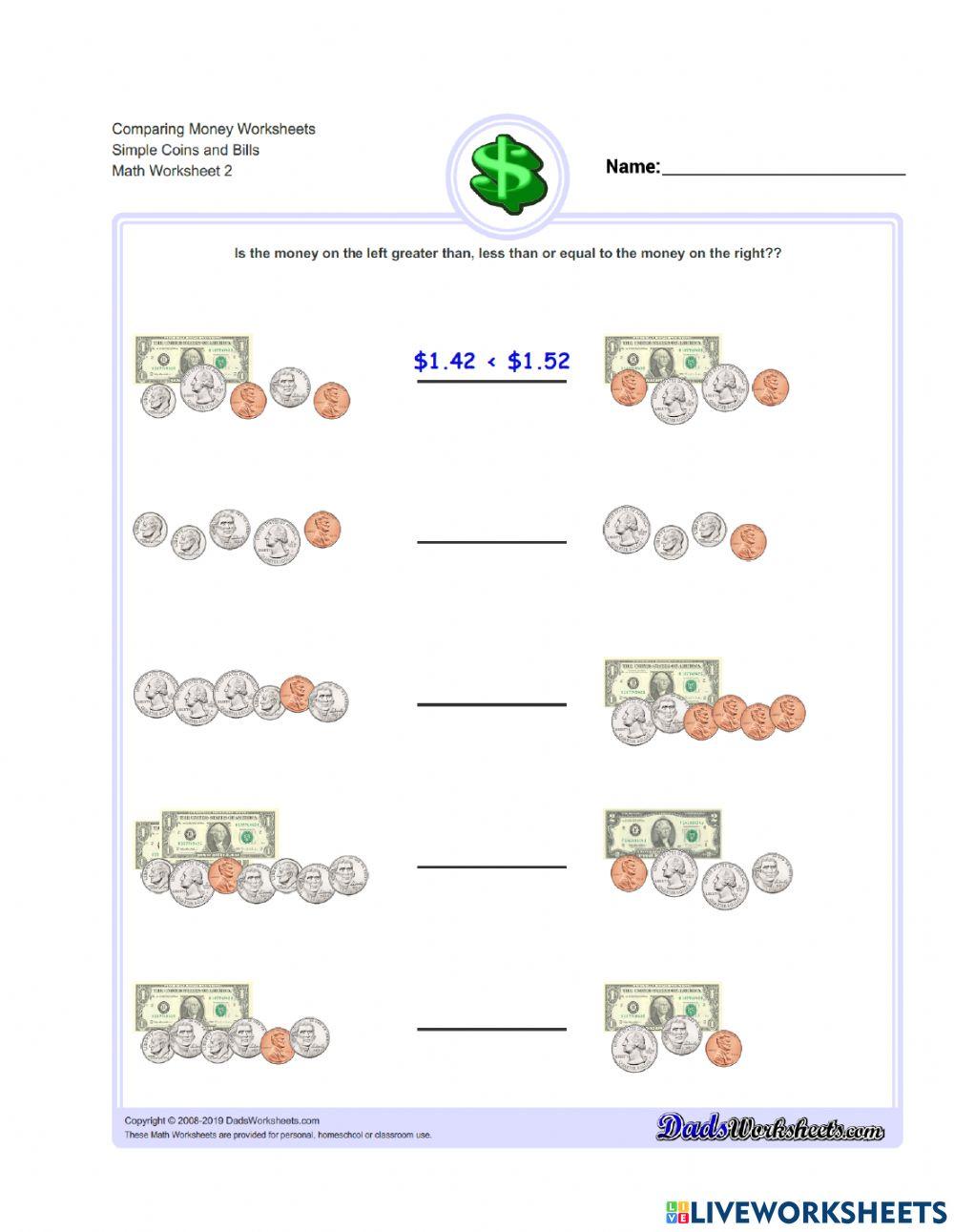 comparing money 3-10 online exercise for | Live Worksheets