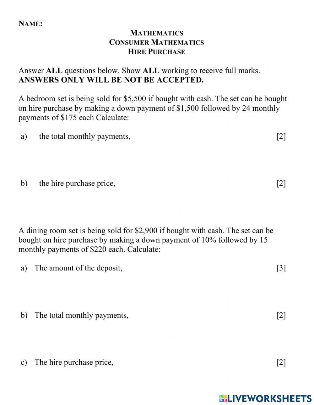 HIRE PURCHASE BJC online exercise for | Live Worksheets