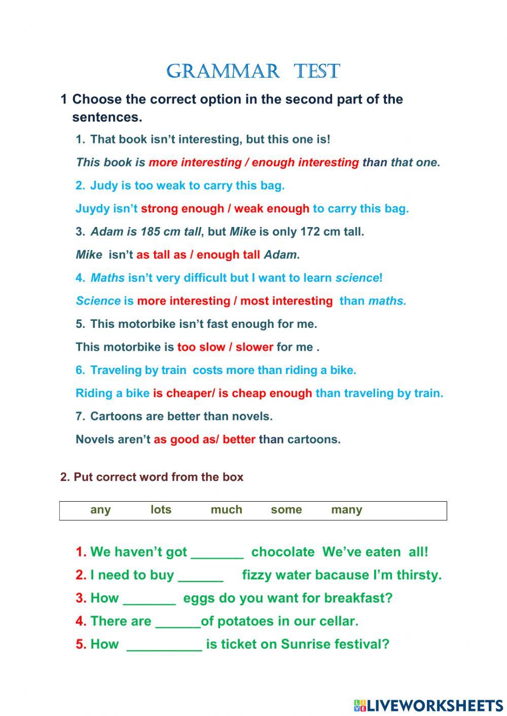 grammar test online pdf worksheet | Live Worksheets