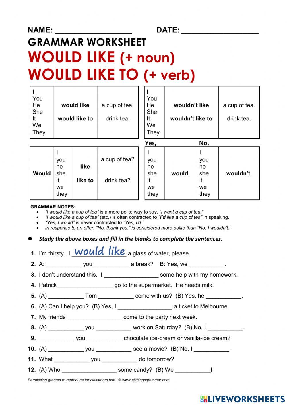 Would like to (… | Free Interactive Worksheets | 4862701