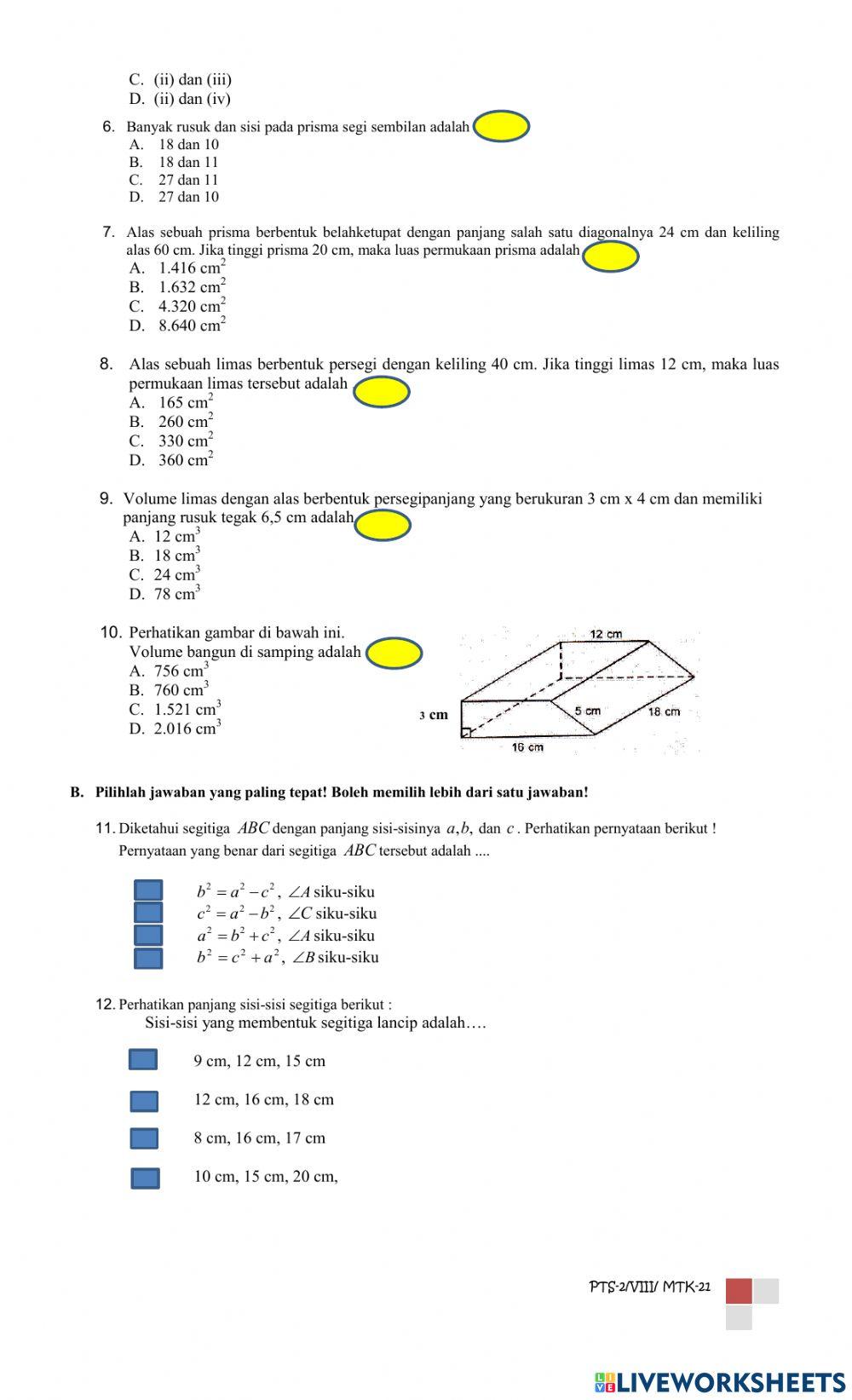 8-pts mtk sem 2 worksheet | Live Worksheets