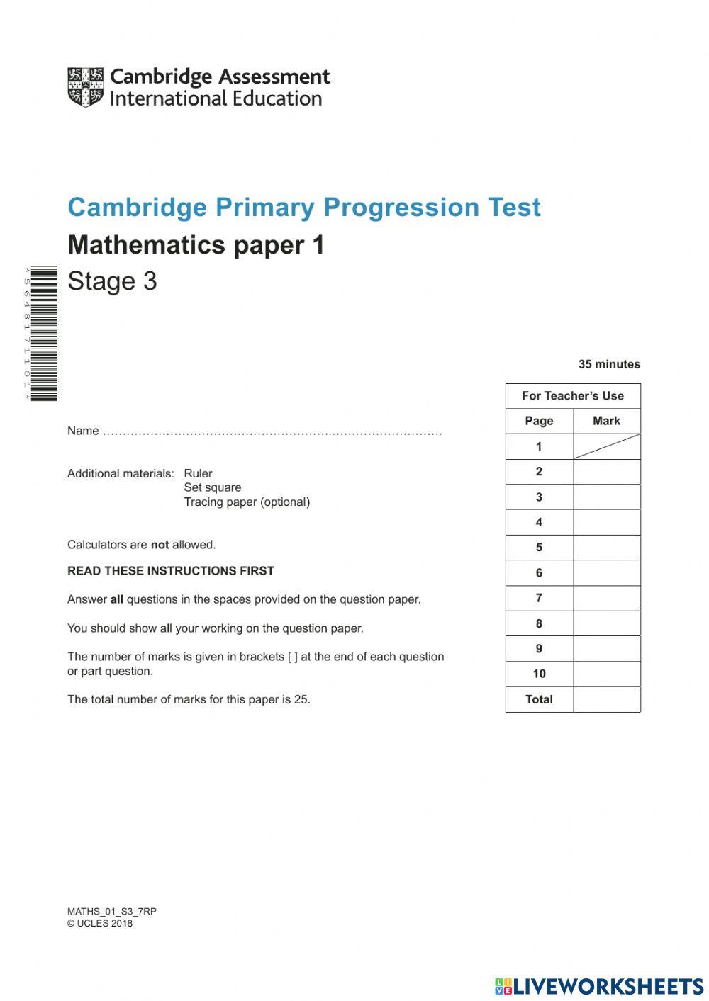 Mathematics, Stage 3, Paper 1 online exercise for | Live Worksheets