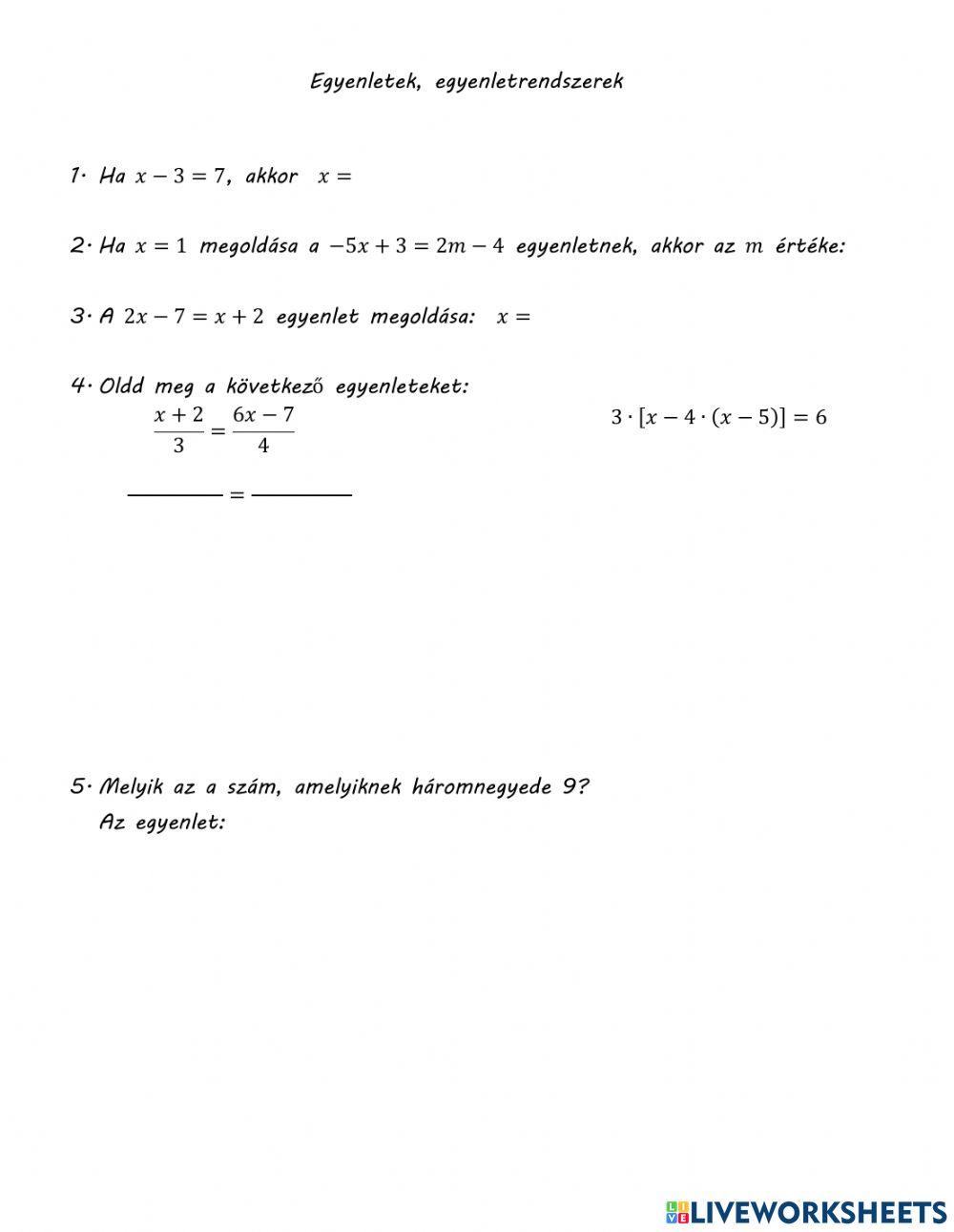 Egyenletek - eg… | Free Interactive Worksheets | 805093