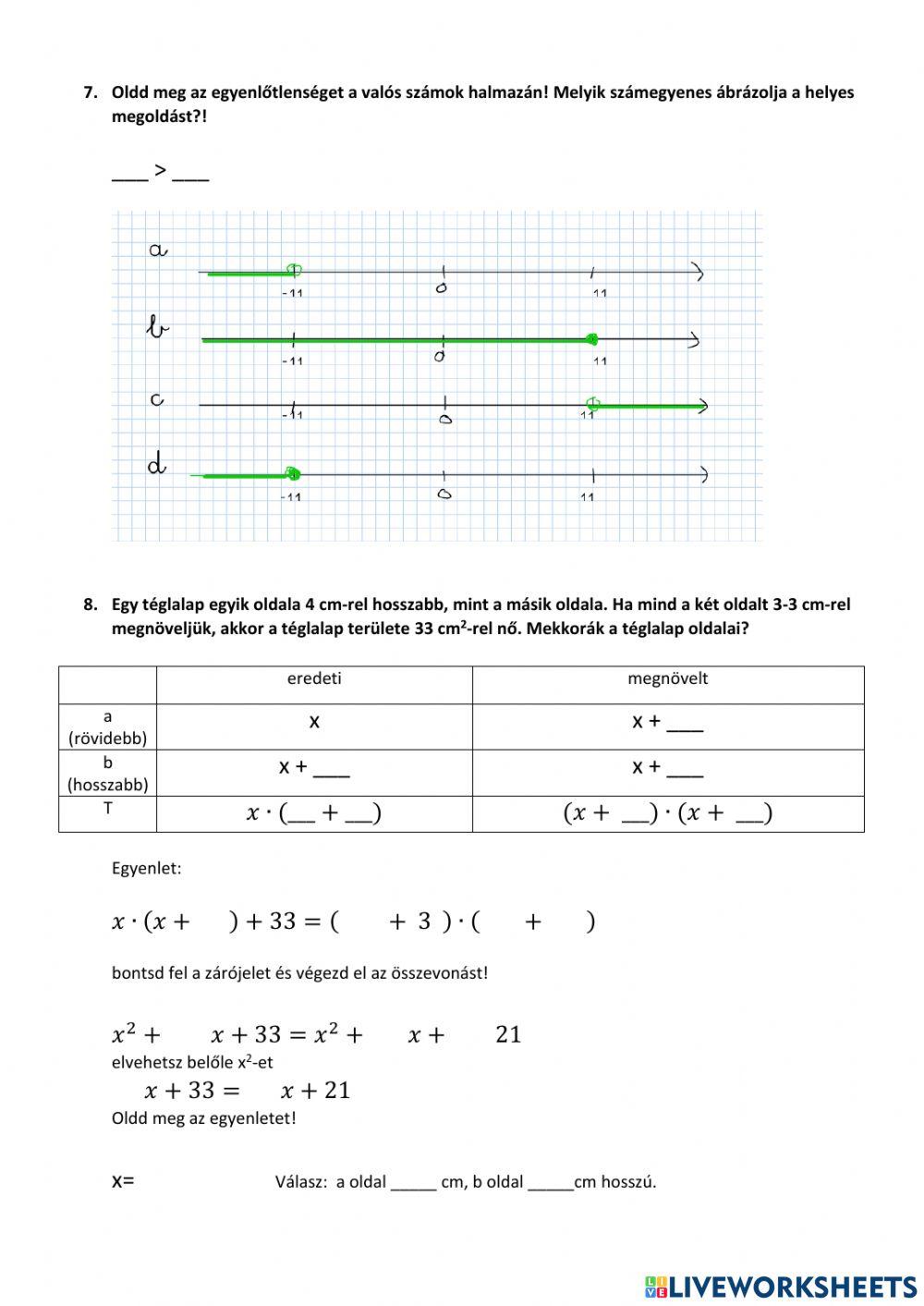 egyenletek, egyenlőtlenségek témazáró online exercise for | Live Worksheets