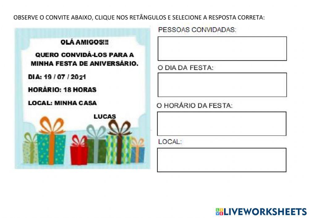 Gênero textual convite interactive worksheet | Live Worksheets