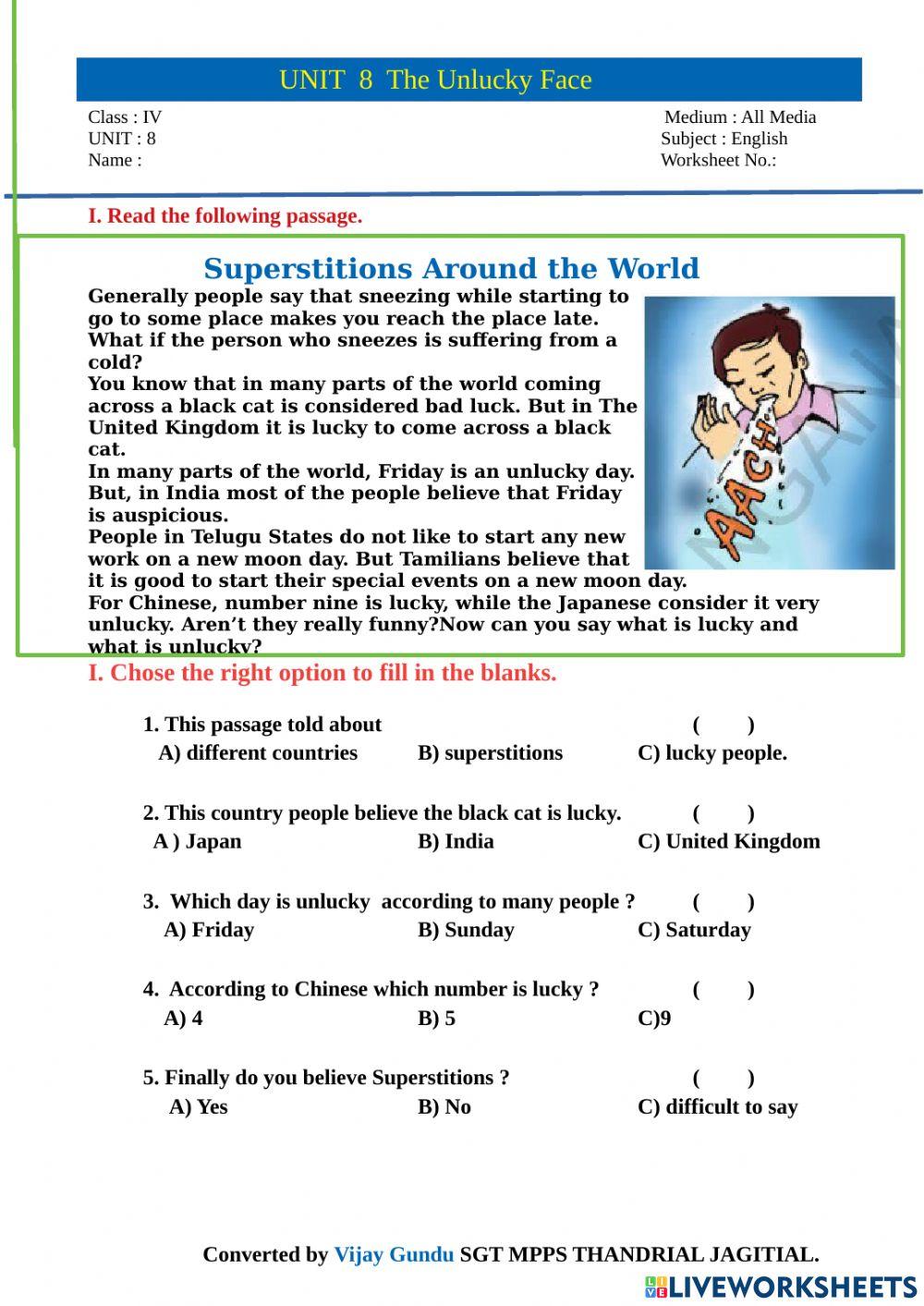 4th Eng The Unlucky face b reading 1 by vijaygundu worksheet | Live Worksheets
