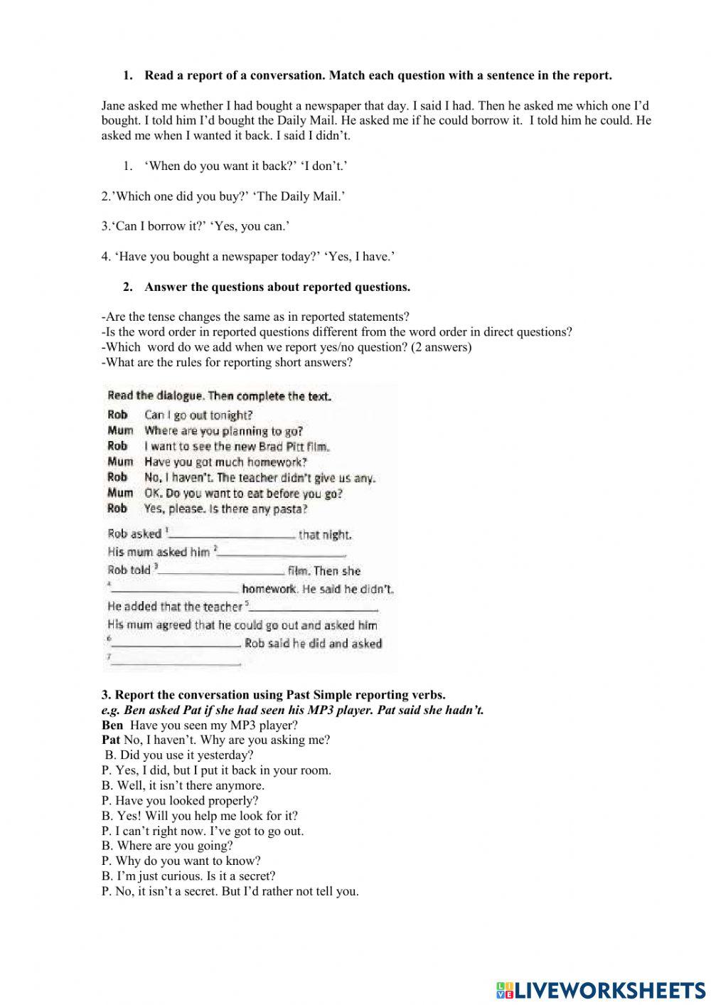 Reported Speech online exercise for 9-11 | Live Worksheets
