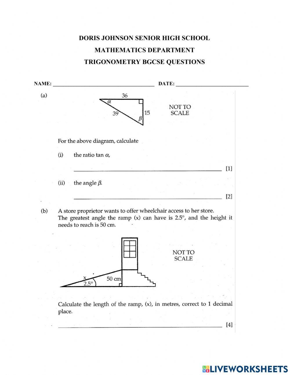 Trigonometry BGCSE Worksheet online exercise for | Live Worksheets