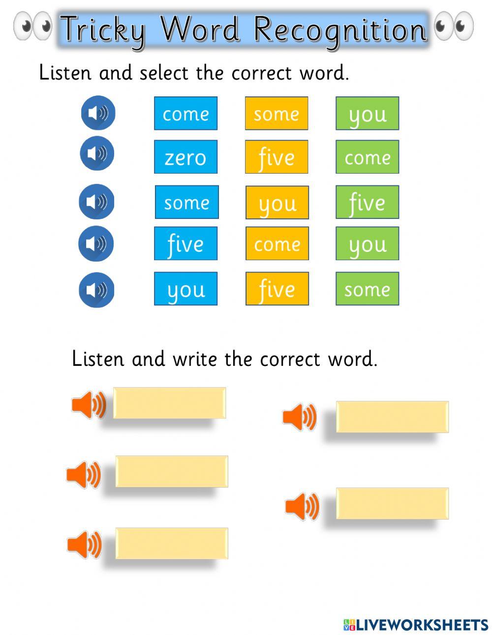 Tricky word recognition worksheet | Live Worksheets