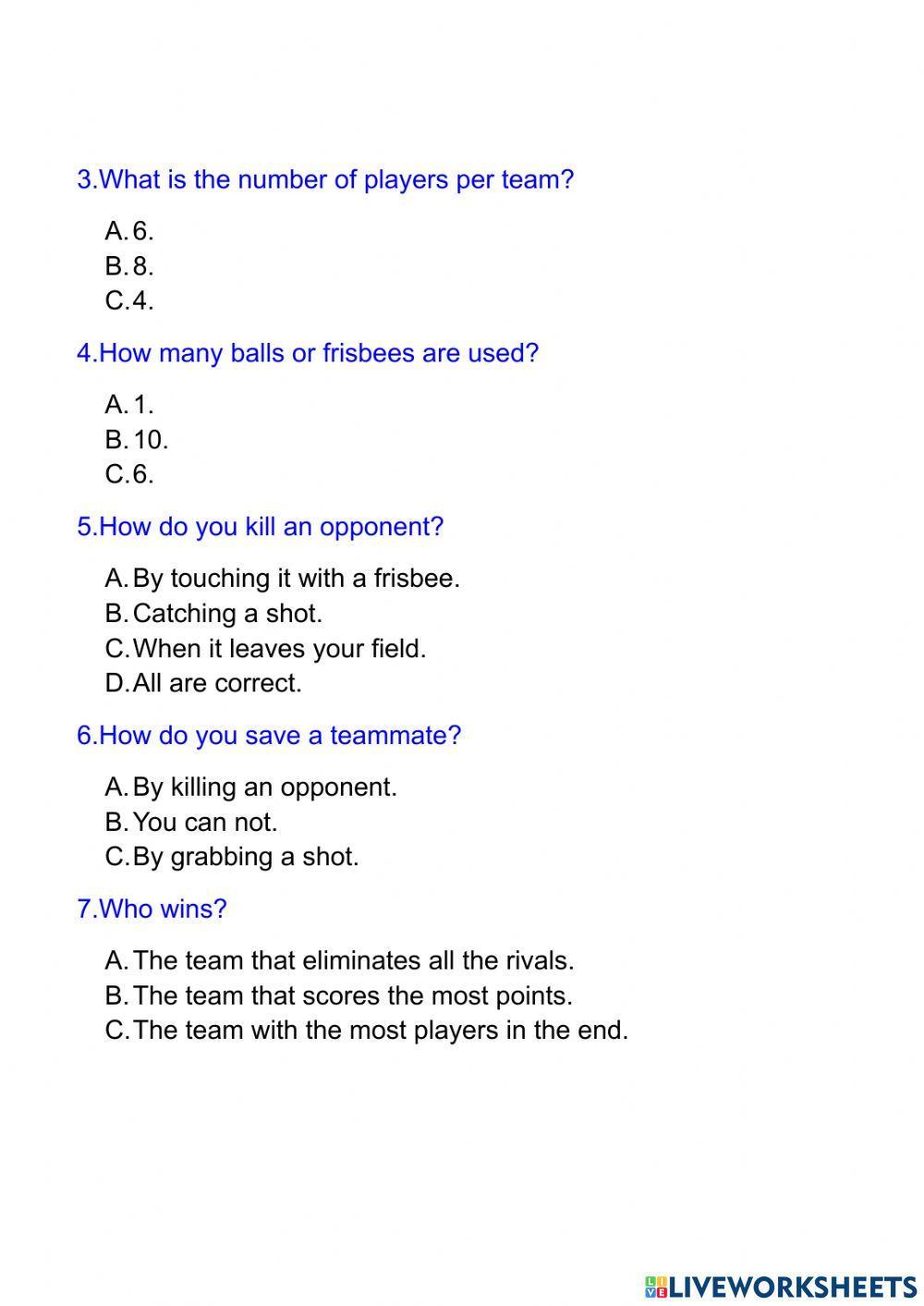 Ultimate frisbee worksheet | Live Worksheets