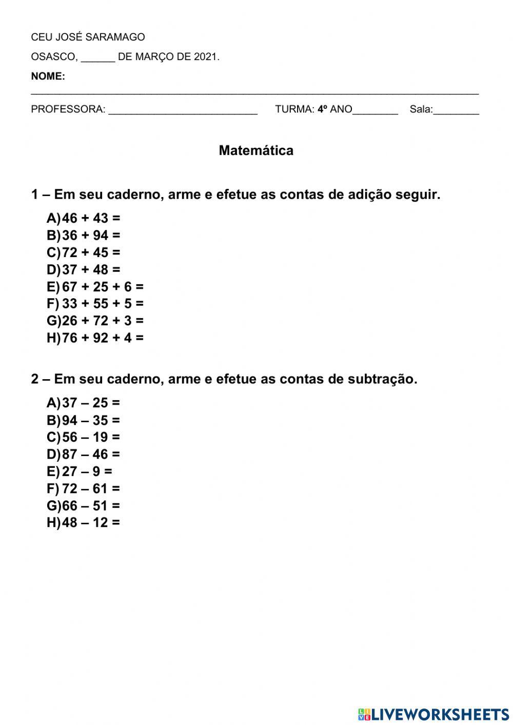 Atividade De Subtração Para O 2º Ano Do Ensino Fundamental