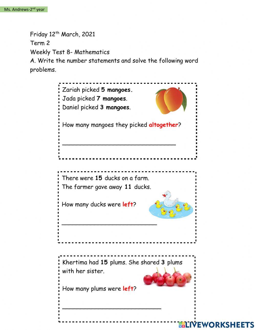 Term 2 Weekly Test 8- Mathematics worksheet | Live Worksheets