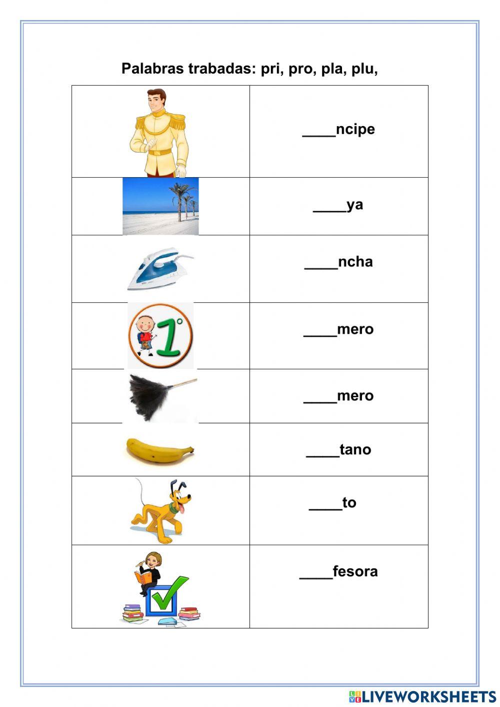 Silabas trabadas: pla, plu, pri... worksheet | Live Worksheets