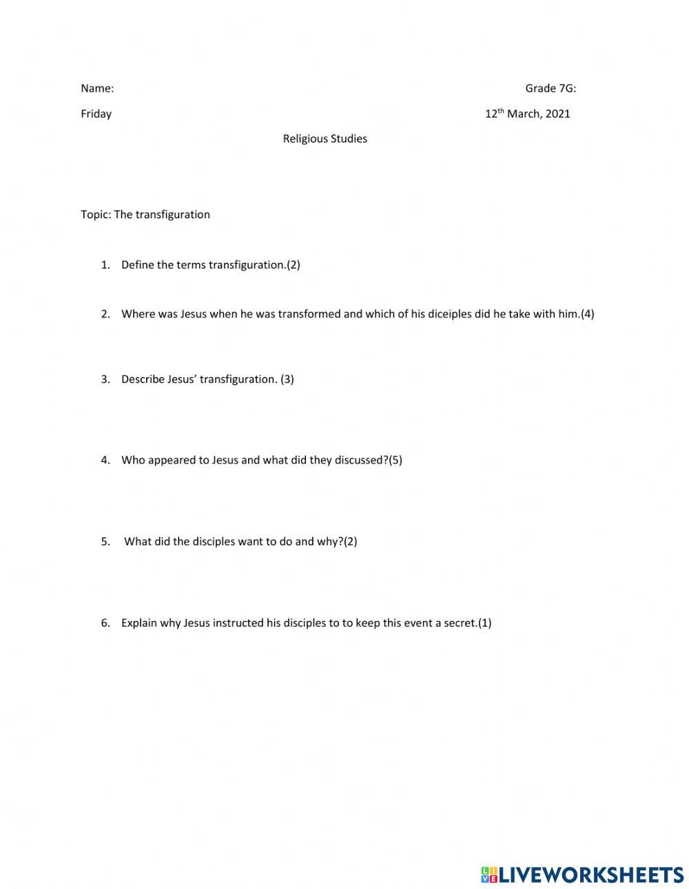 The Transfiguration of Jesus online exercise for | Live Worksheets