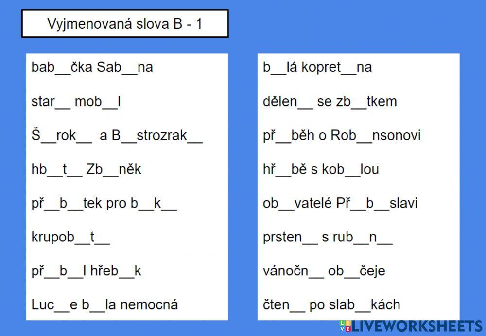Vyjmenovaná slova B - 1 worksheet | Live Worksheets