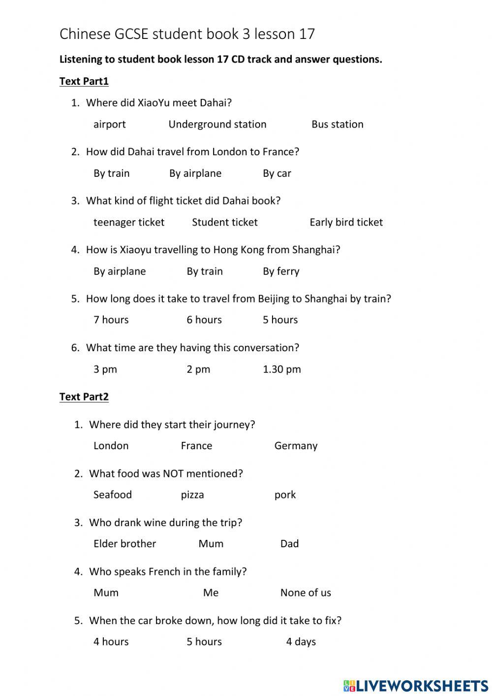 Chinese GCSE 3 lesson 17 worksheet | Live Worksheets