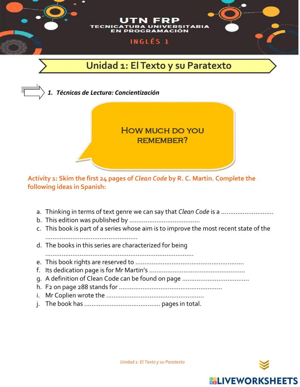 Inglés 1 - TUP - U1 - Clean Code Paratextual