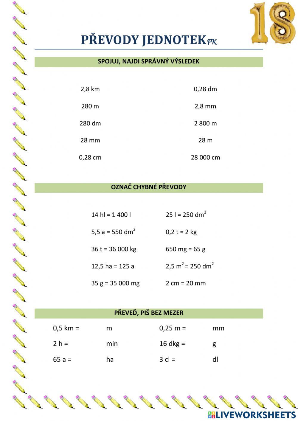 Převody jednotek exercise for 6 | Live Worksheets