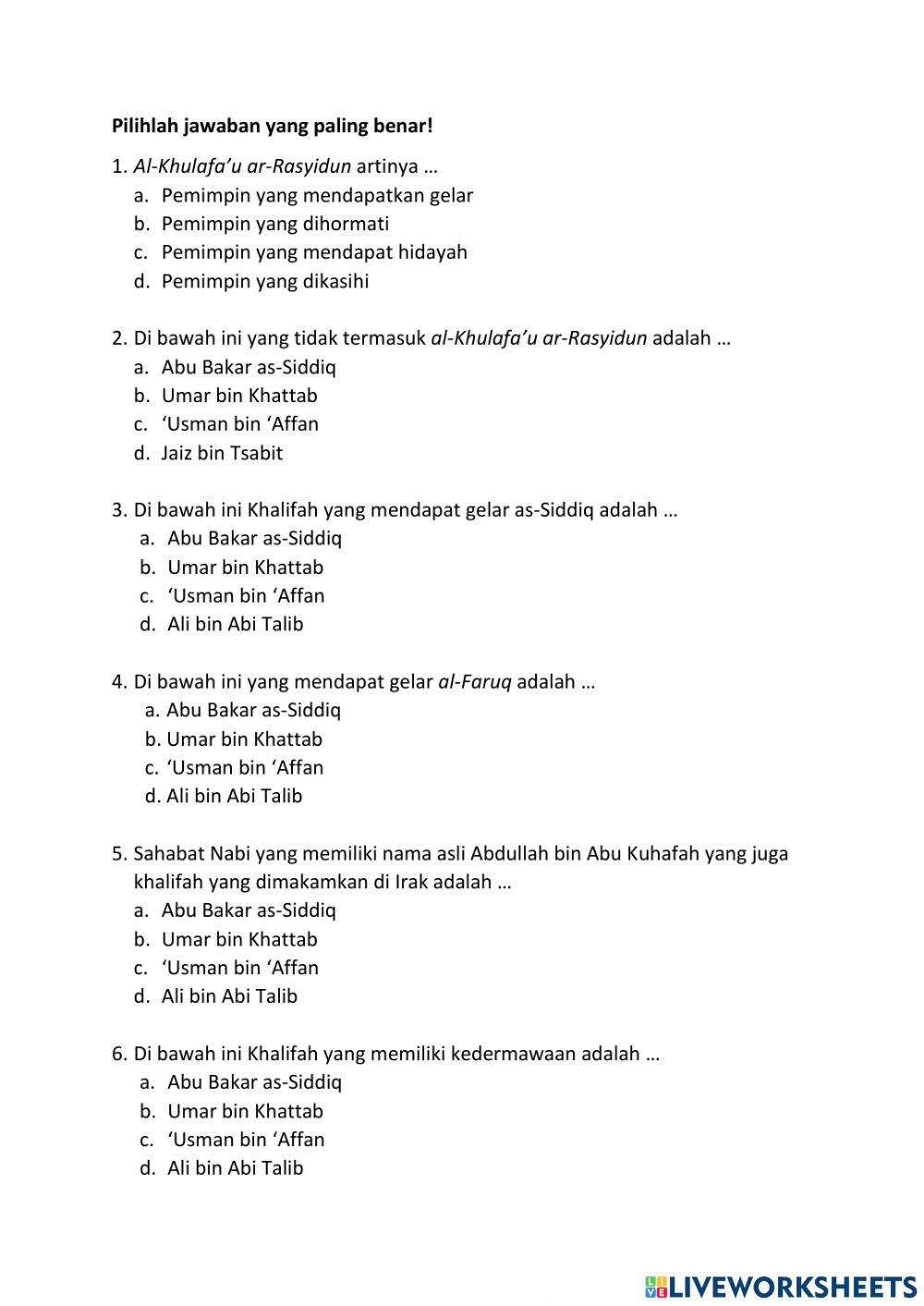 Penerus perjuangan Nabi Muhammad SAW worksheet | Live Worksheets