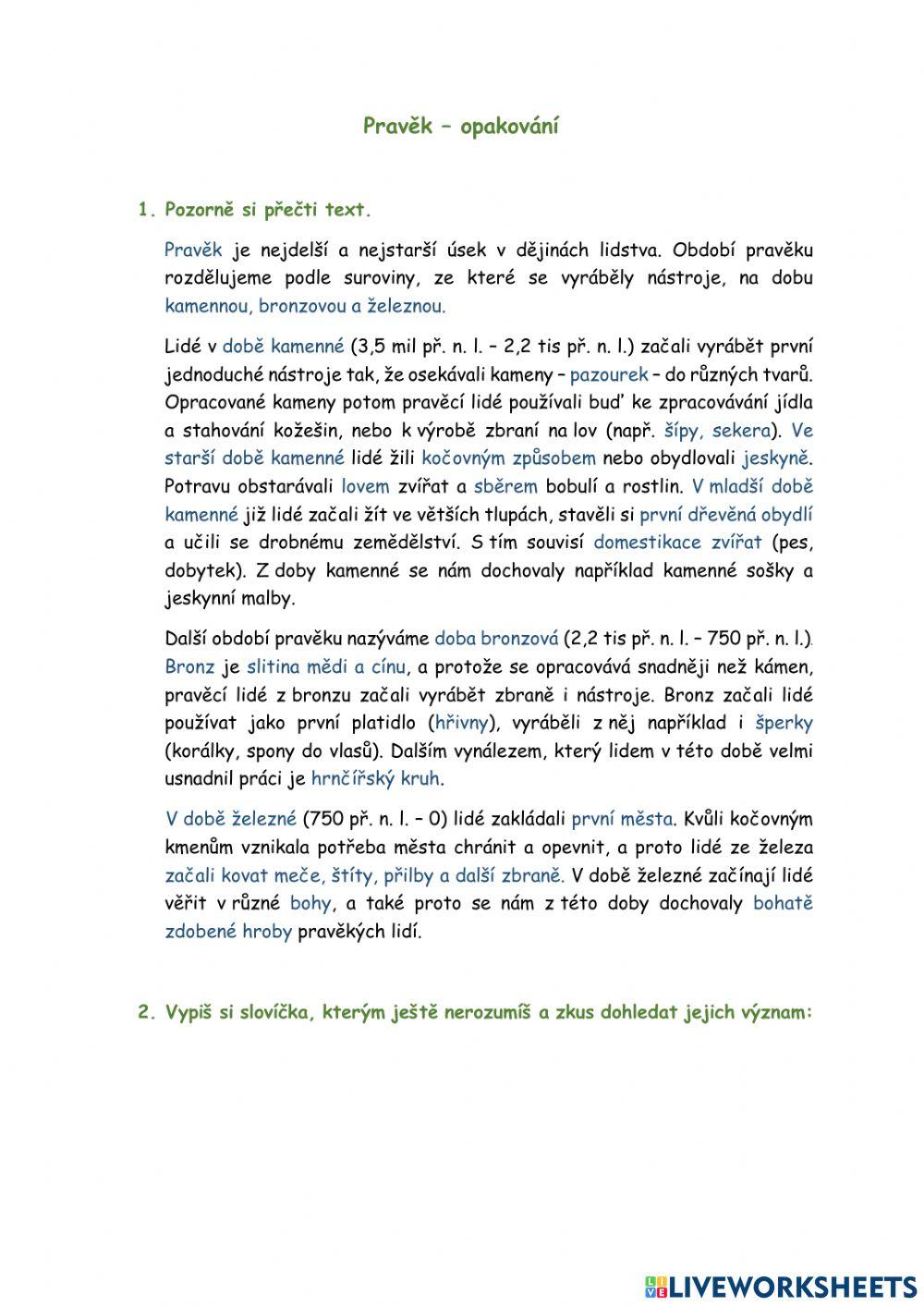 Pravěk - opakov… | Free Interactive Worksheets | 811168
