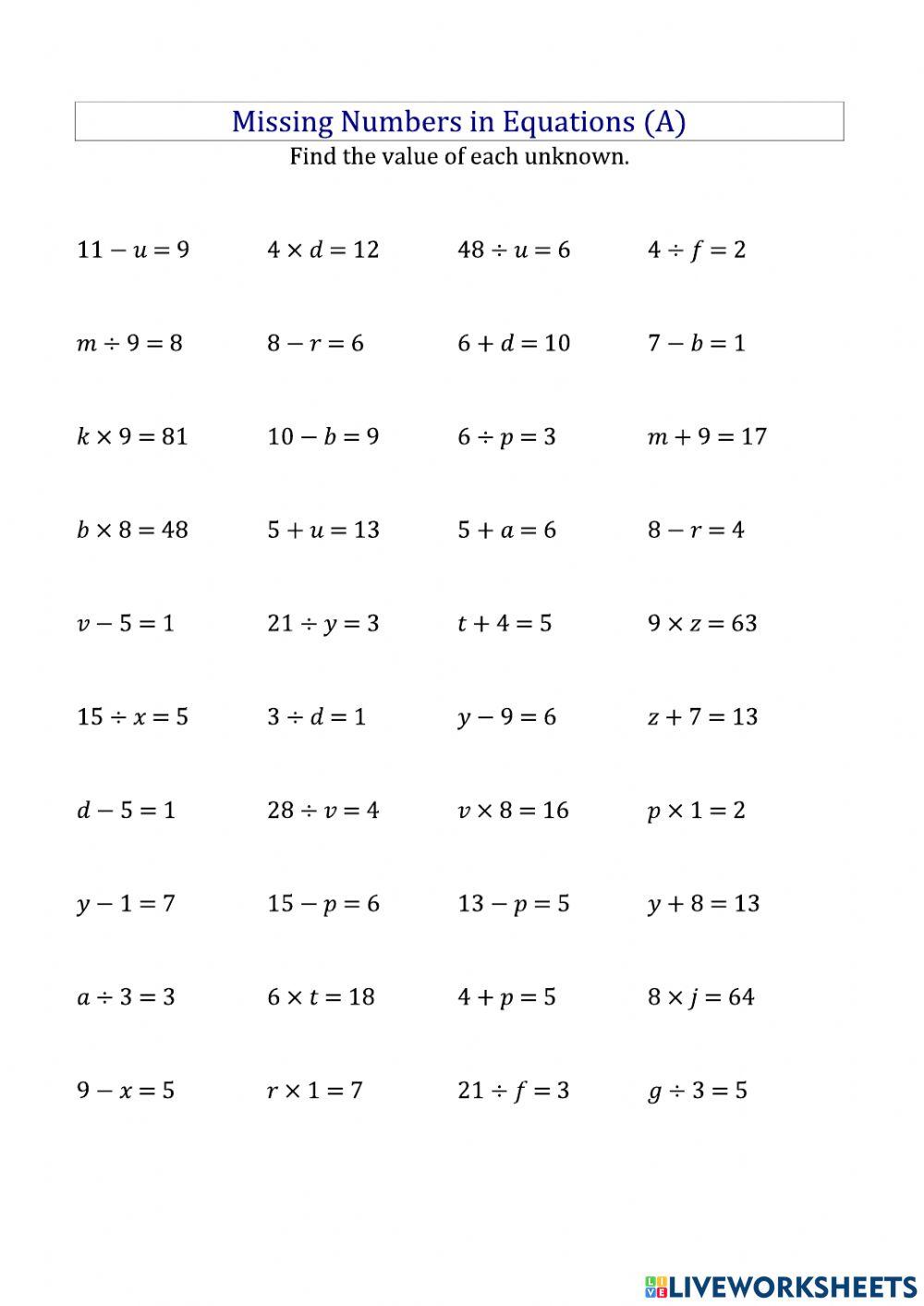 Missing numbers in equations 6th grade 1339 | milko