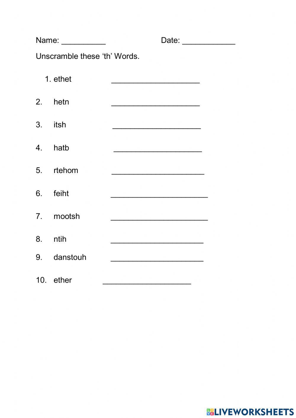 Th Words exercise | Live Worksheets