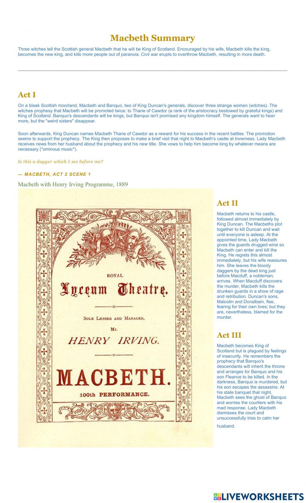 Macbeth Summary worksheet | Live Worksheets