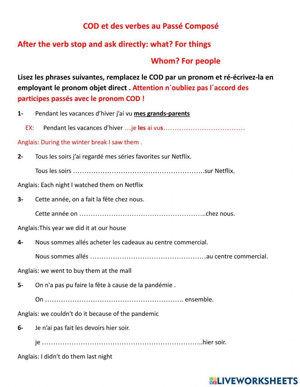 COD au passé co… | Free Interactive Worksheets | 812887