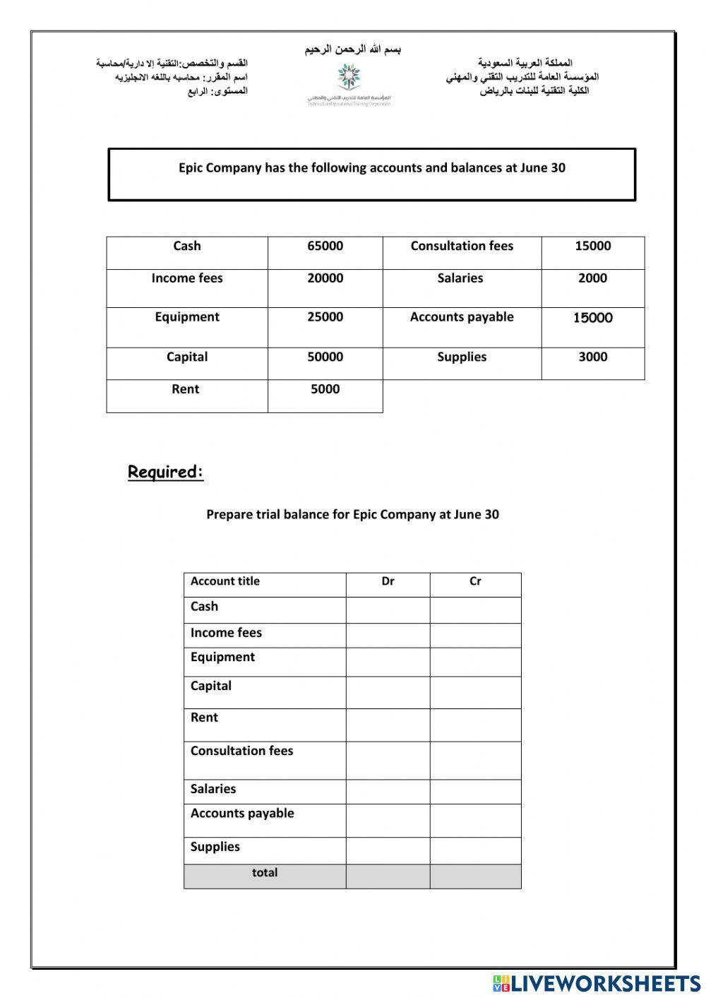trial balance 1 online exercise for | Live Worksheets