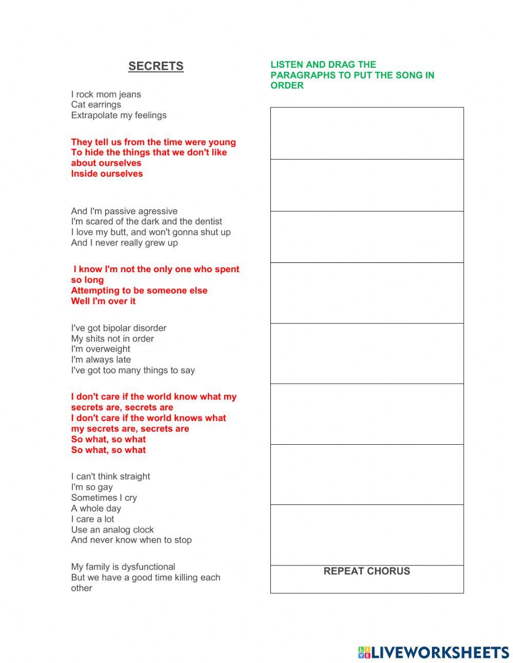 SECRETS Mary Lambert worksheet | Live Worksheets