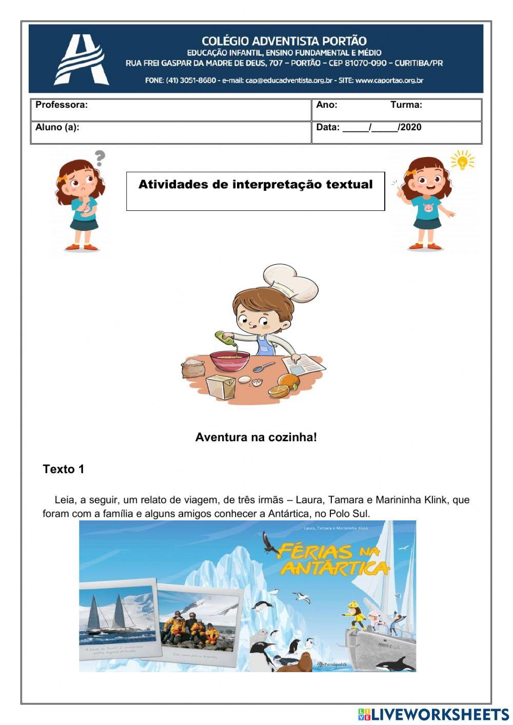 Atividades de interpretação textual - Aventuras na