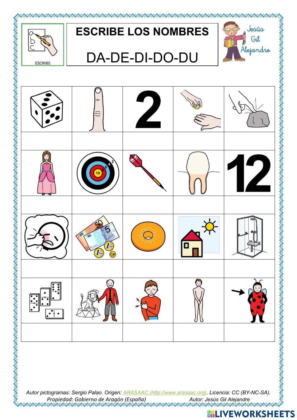 Escribe estas 20 palabras con DA DE DI DO DU worksheet | Live Worksheets