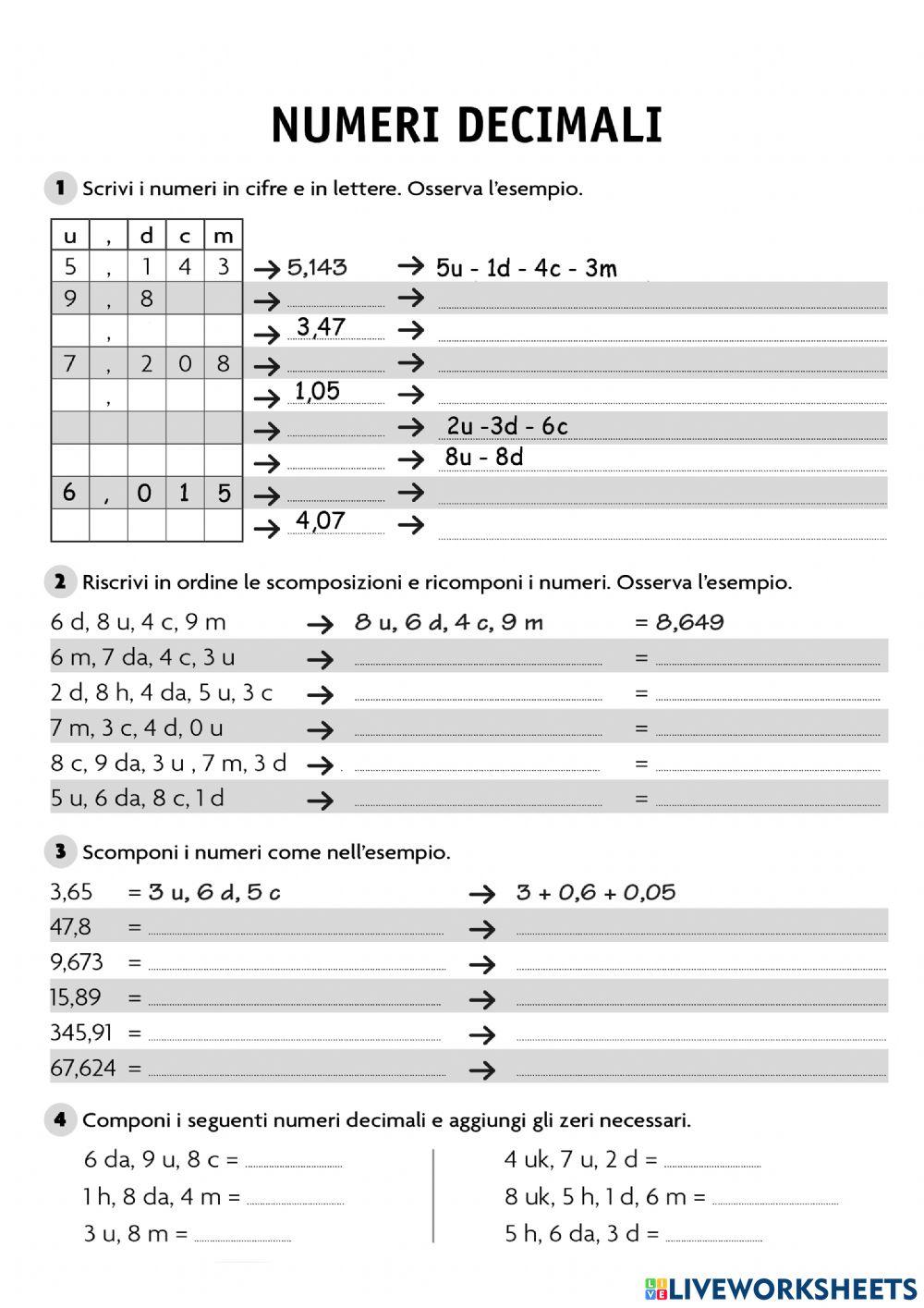 NUMERI DECIMALI Matematica exercise | Live Worksheets