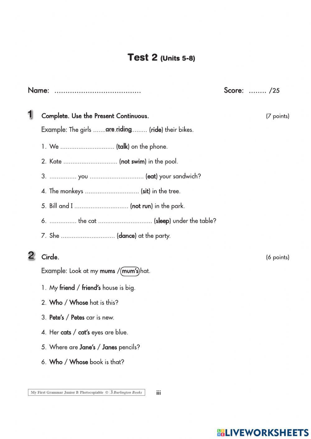 MY FIRST GRAMMAR JUNIOR B TEST 5 - 8 online exercise for | Live Worksheets