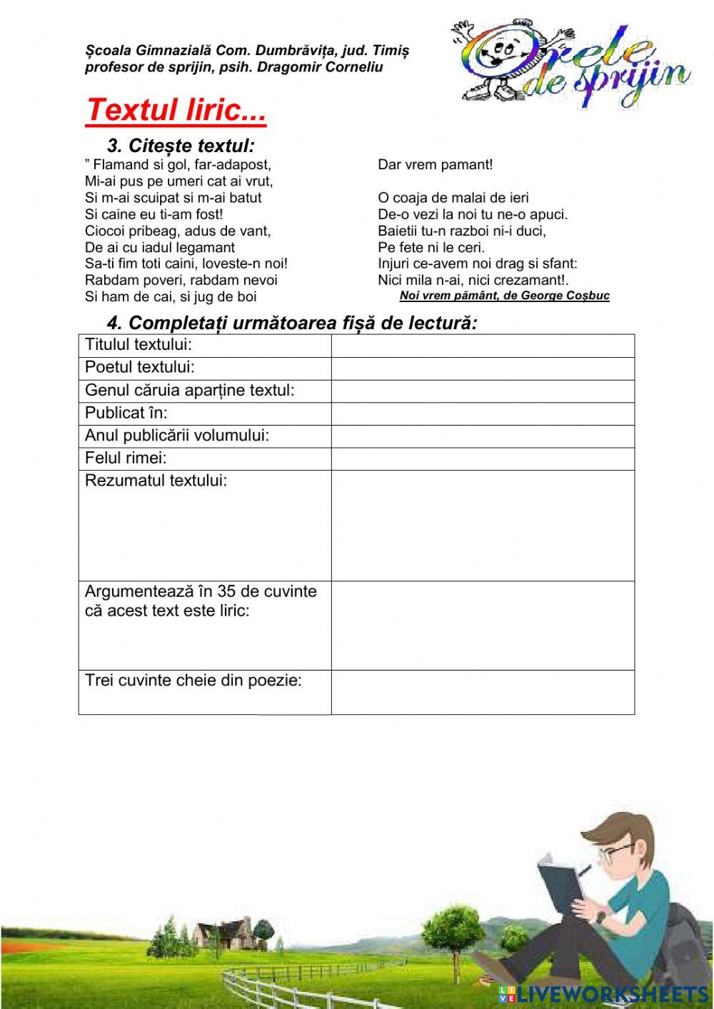 Textul liric 4 worksheet | Live Worksheets