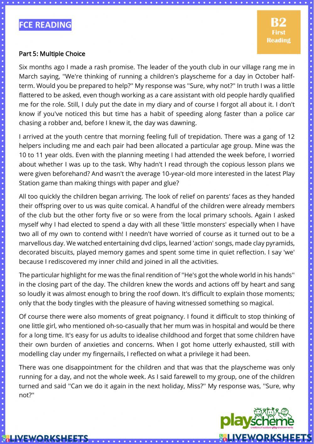 FCE READING PAR… | Free Interactive Worksheets | 6480521