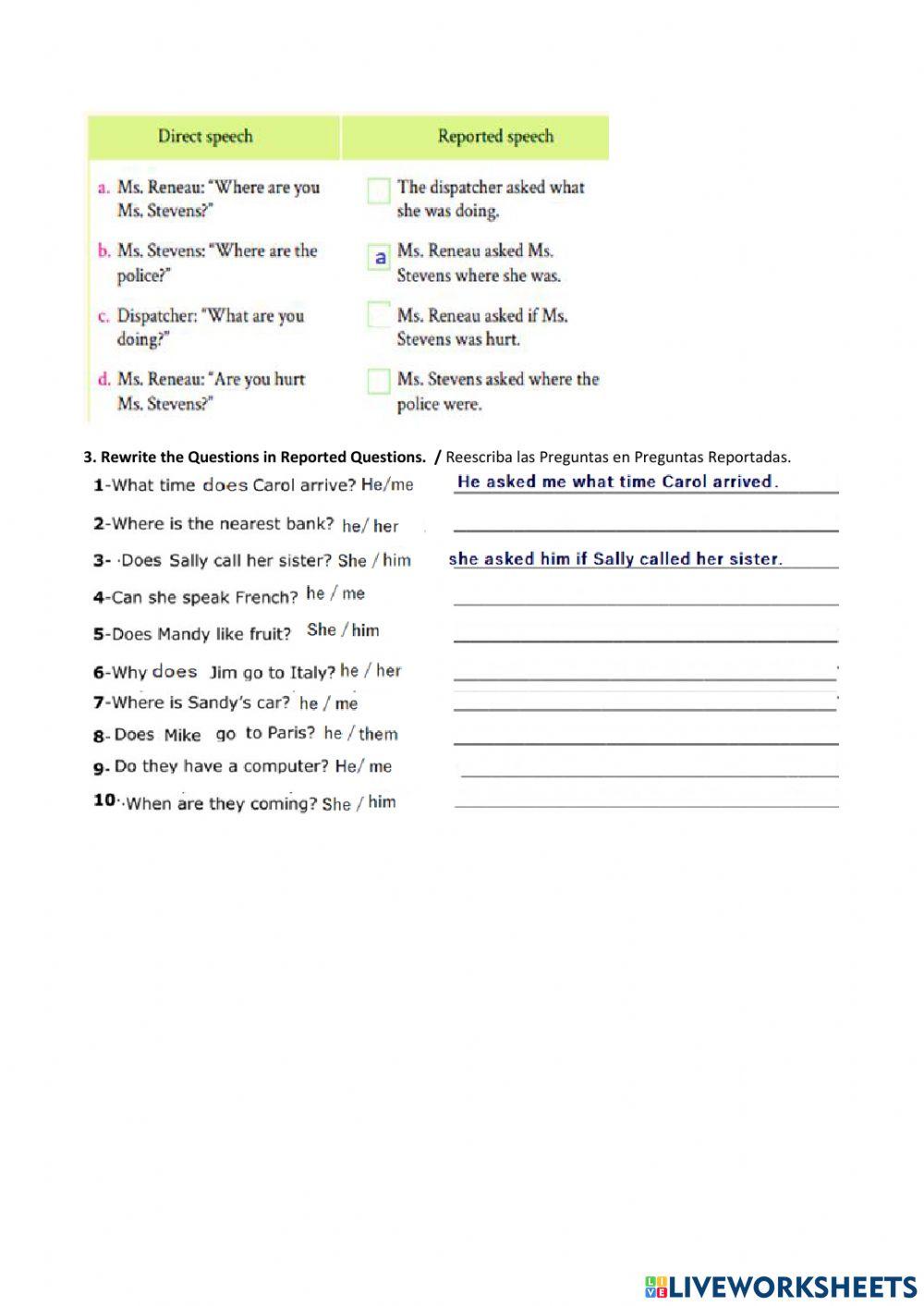 Reproted Questions worksheet | Live Worksheets